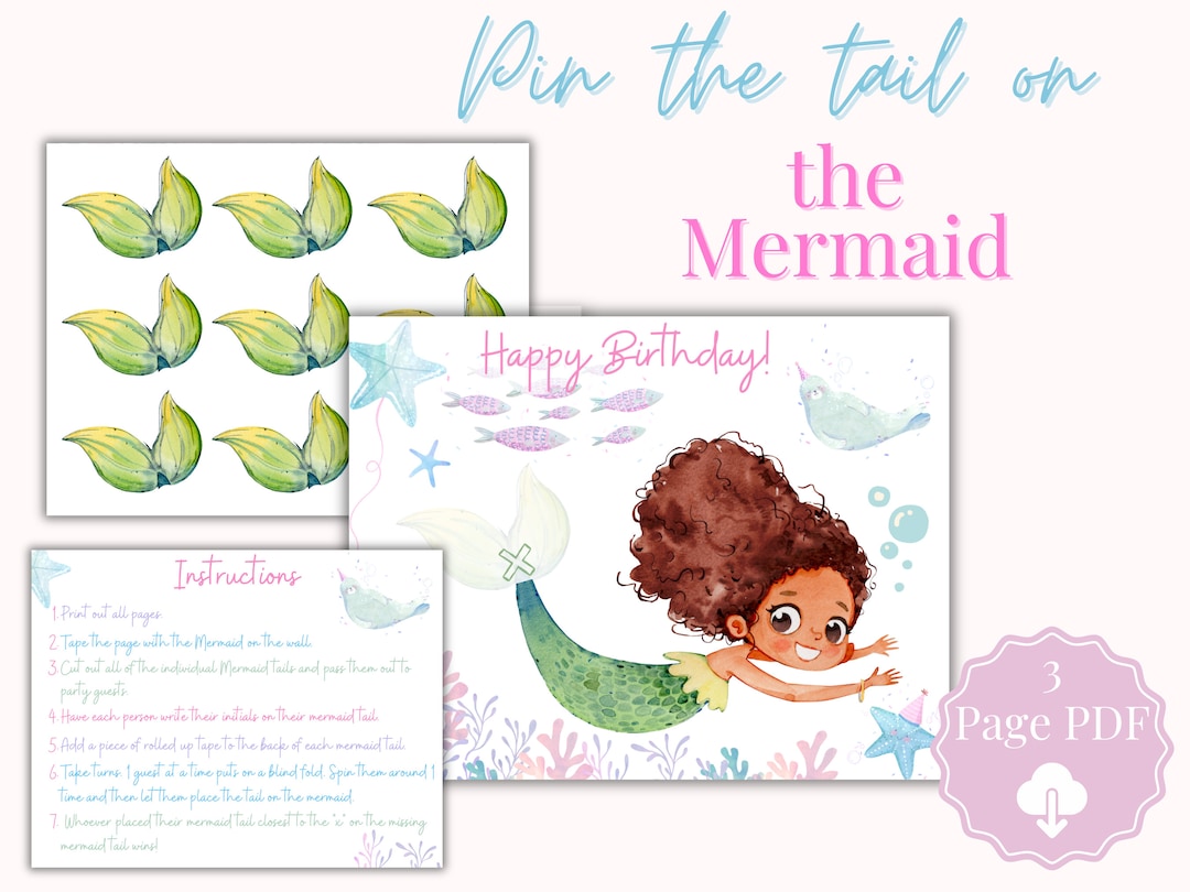 Pin the Tail on the Mermaid- Birthday Games, Mermaid Activity, Mermaid ...