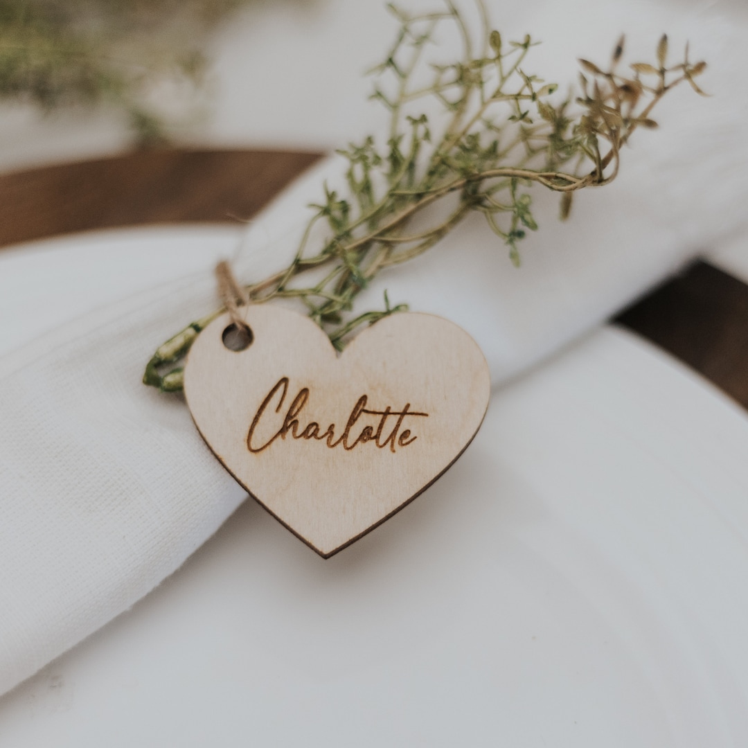 Custom Wooden Heart Place Cards Wedding Favors Laser Cut Wedding Name ...
