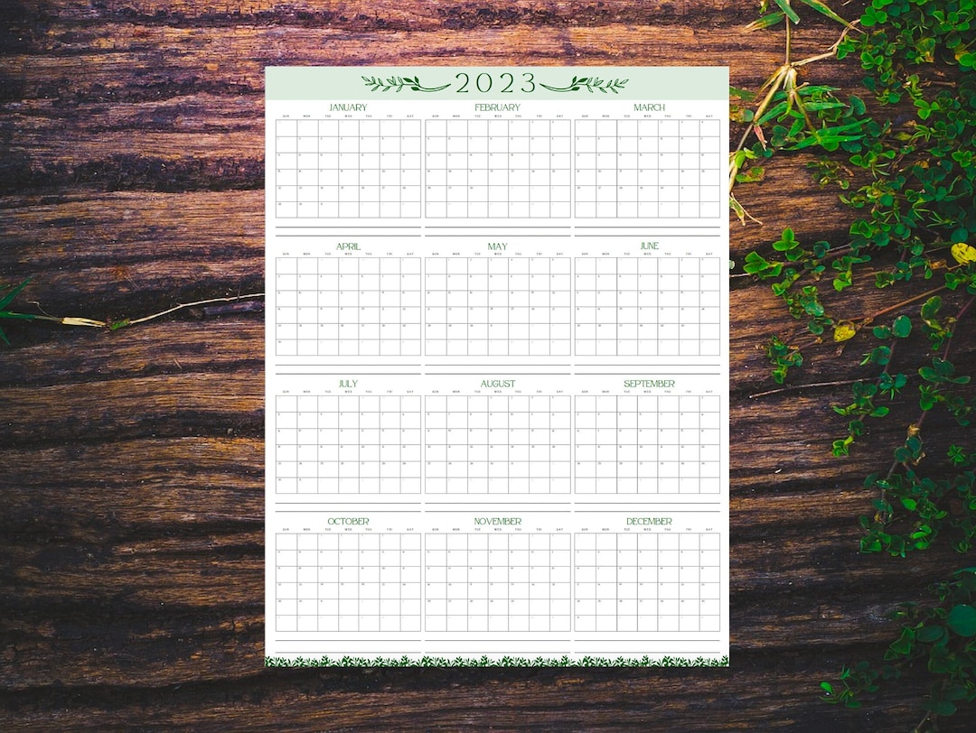 Yearly Calendar -- Printable, Digital Calendar 2023, Leafy & Green - Etsy
