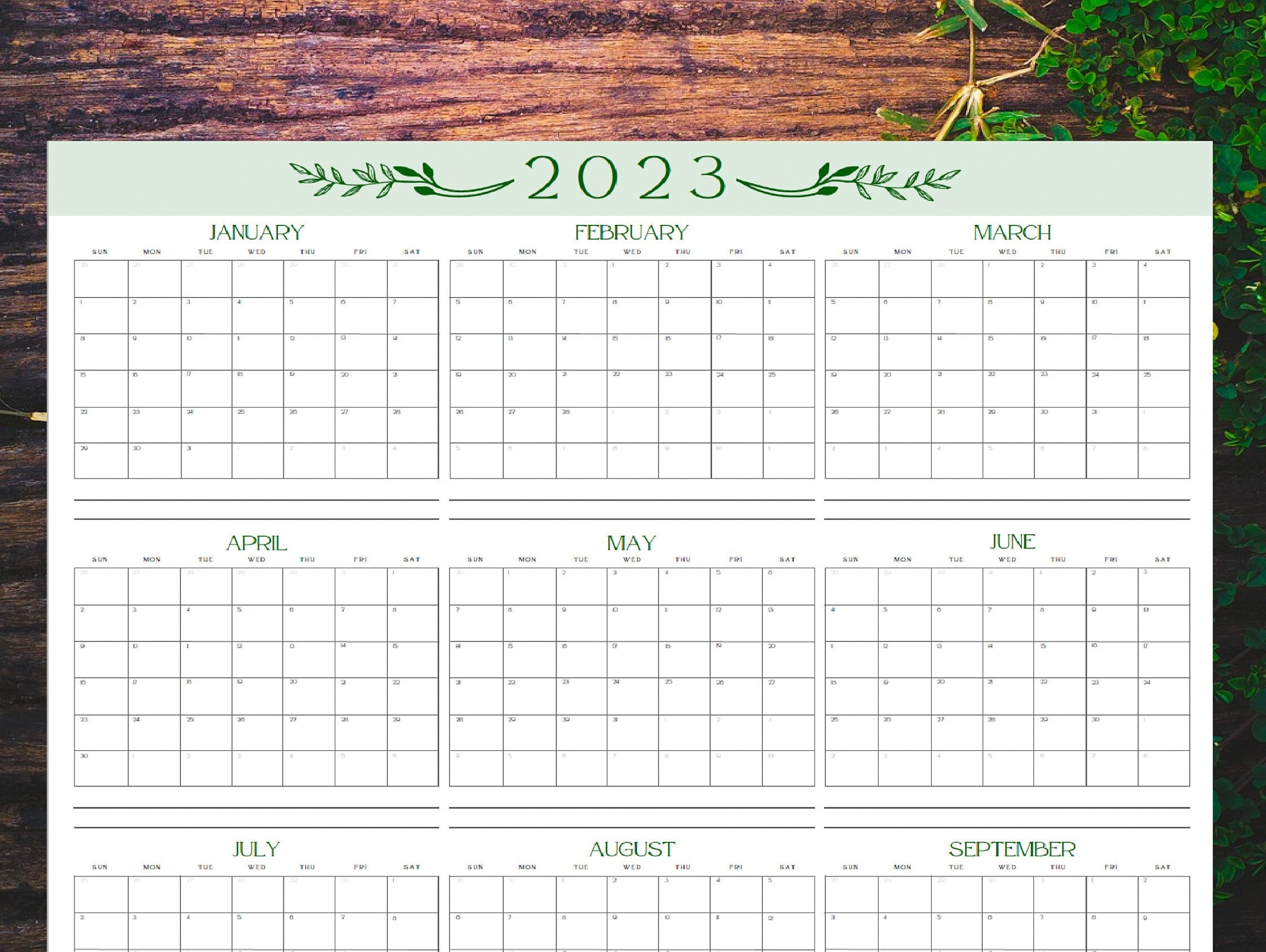 Yearly Calendar -- Printable, Digital Calendar 2023, Leafy & Green - Etsy