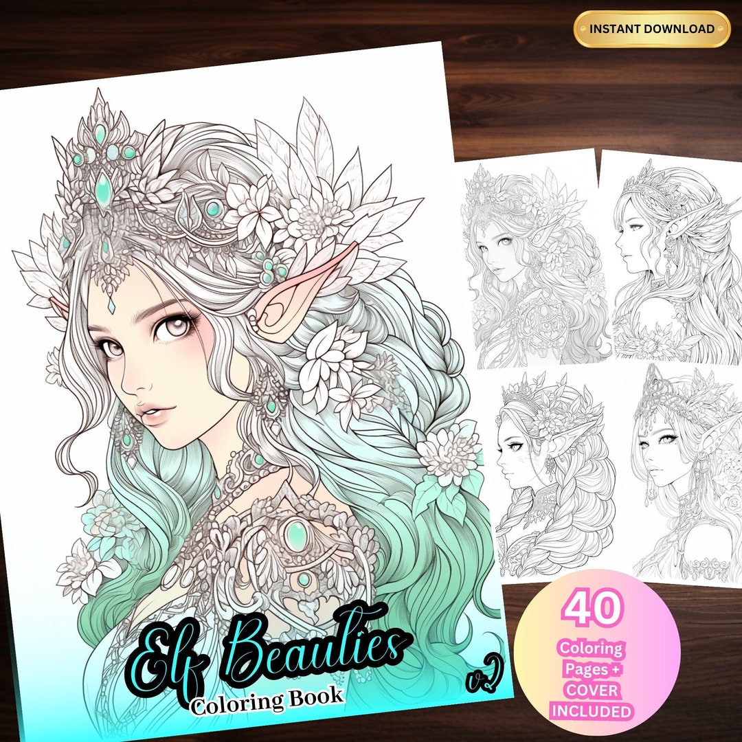 Elven Art Coloring Book Fantasy Art Therapy Instant Download Grayscale ...