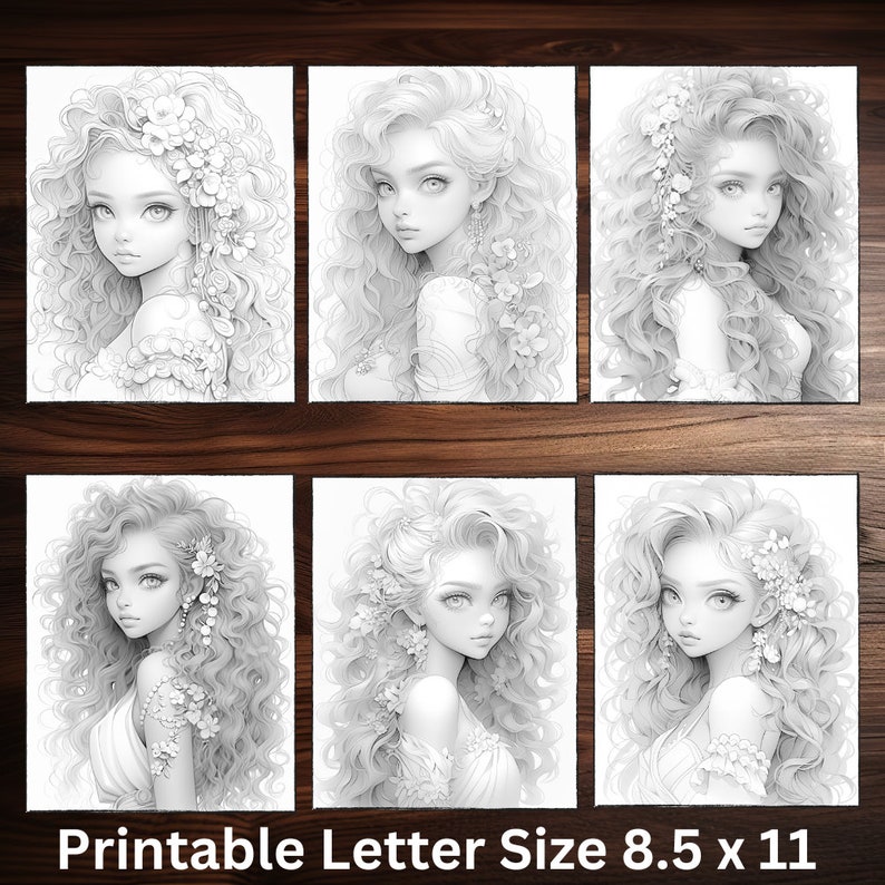 25 Pretty Faces and Curls Coloring Book V2 Instant Download Grayscale ...