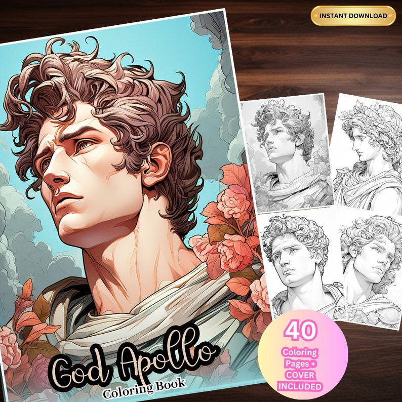 Greek Gods Apollo Sun God Coloring Book Instant Download Grayscale ...
