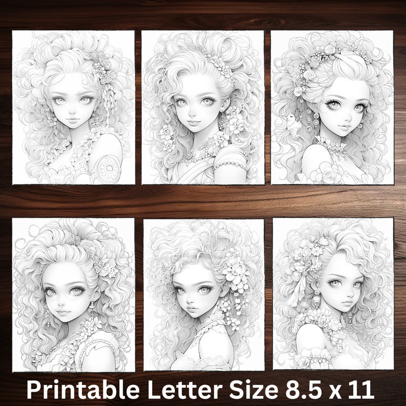 25 Pretty Faces and Curls Coloring Book V2 Instant Download Grayscale ...