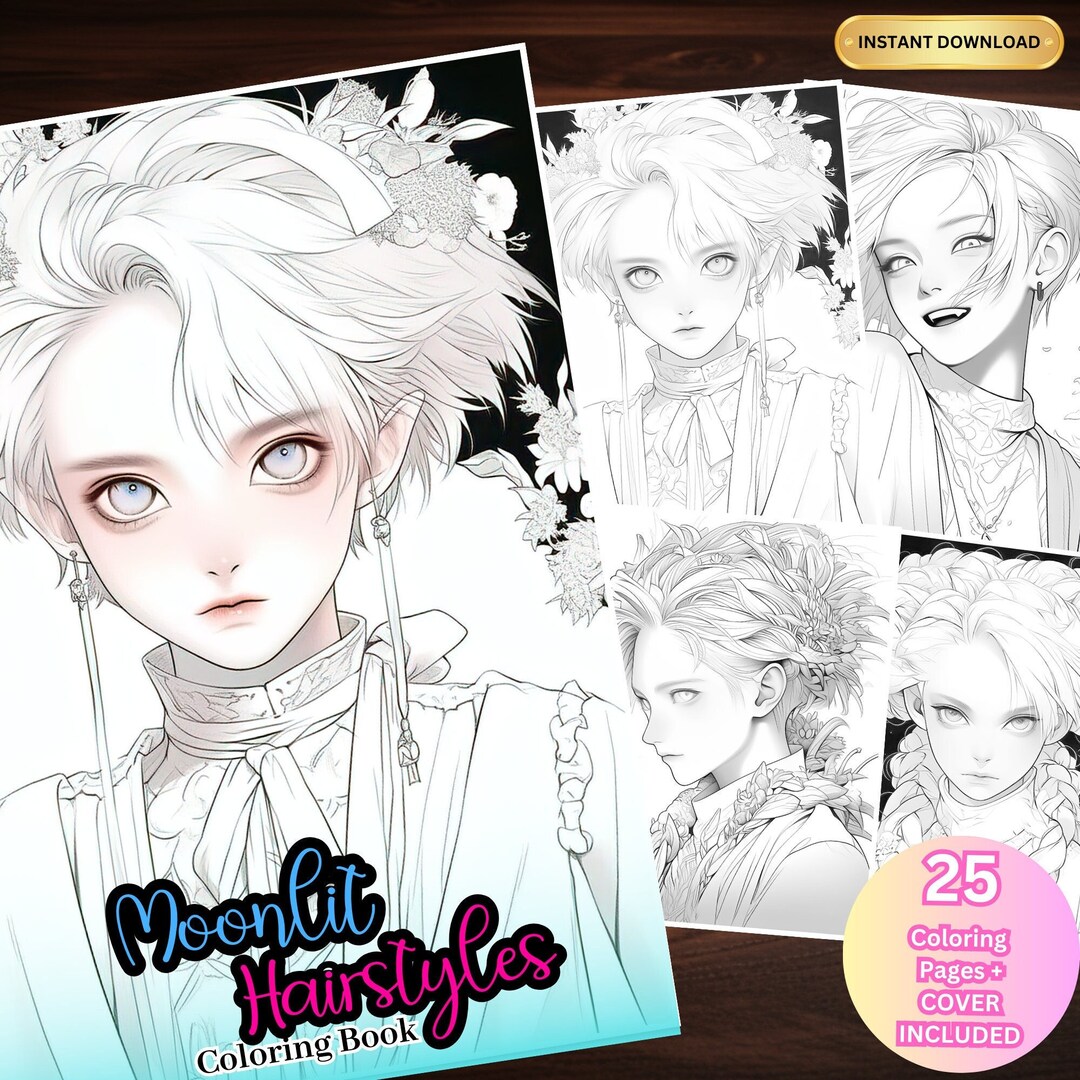 Anime Hairstyles Coloring Book Instant Download Grayscale Coloring ...