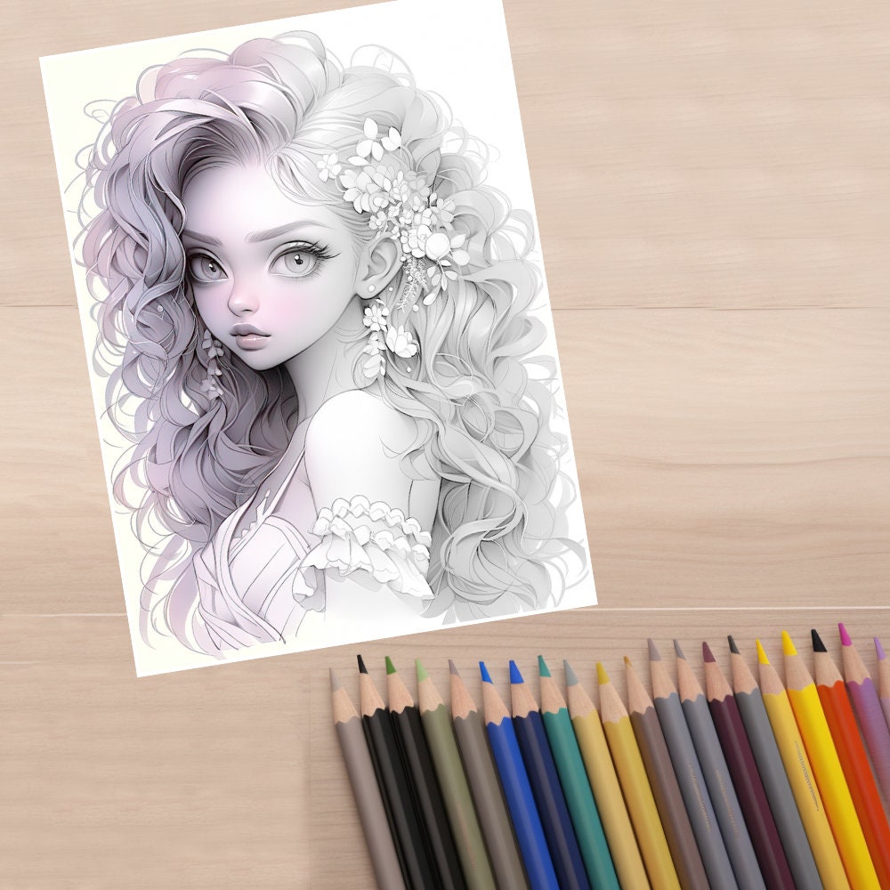 25 Pretty Faces and Curls Coloring Book V2 Instant Download Grayscale ...