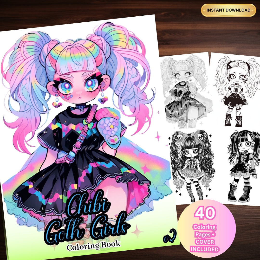 Chibi Gothic Girls Coloring Instant Download Grayscale Coloring Pages ...