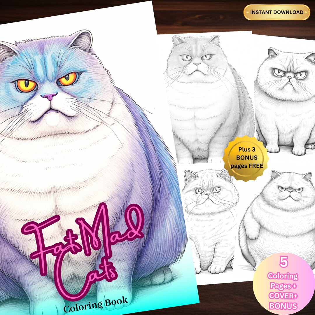Fat Cat Coloring Book Printable PDF Fur Babies Grayscale Coloring ...