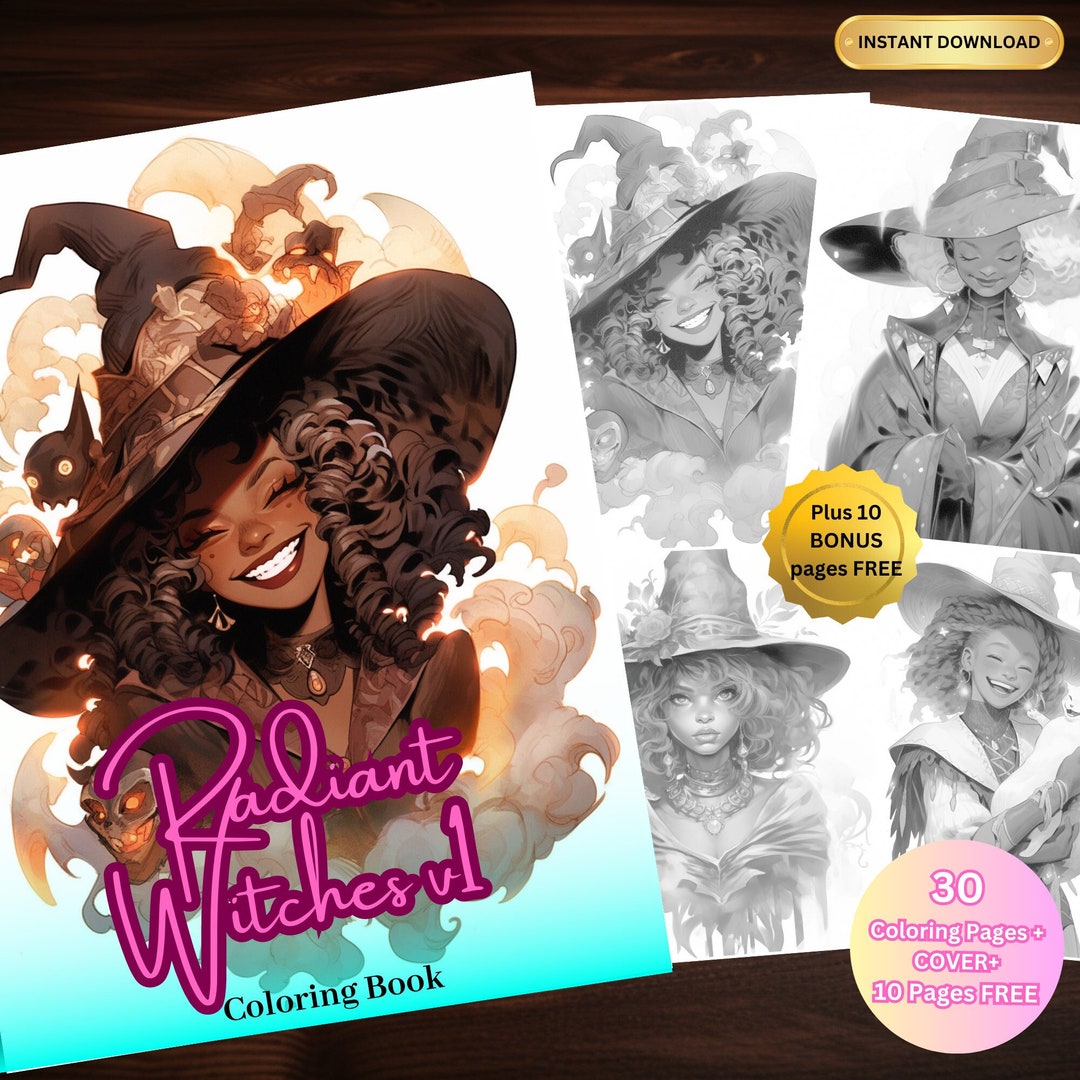 40 Radiant Witches Coloring Book V1 Printable Pdf Grayscale Etsy