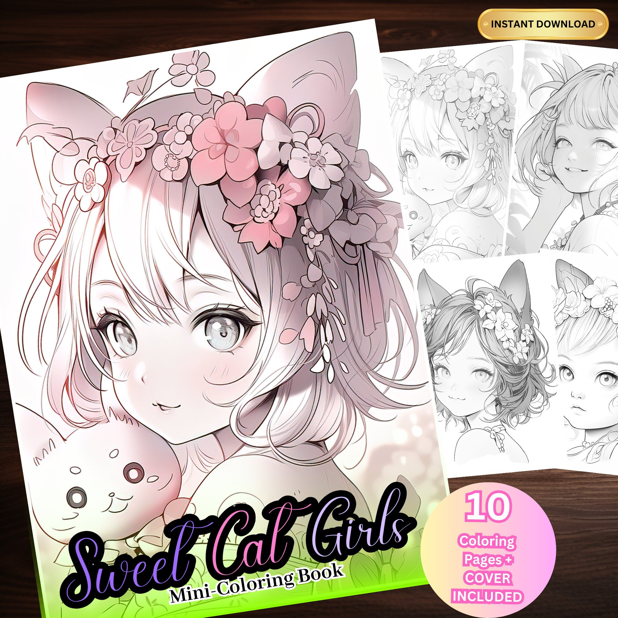 Cat Girls Cat Ears Coloring Book Fantasy Coloring Anime Art Printable ...
