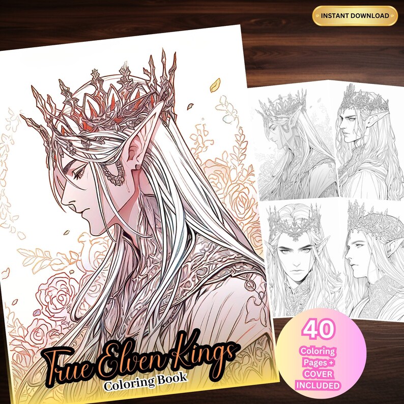 Elven Coloring Book Fantasy Art Therapy Instant Download Grayscale ...