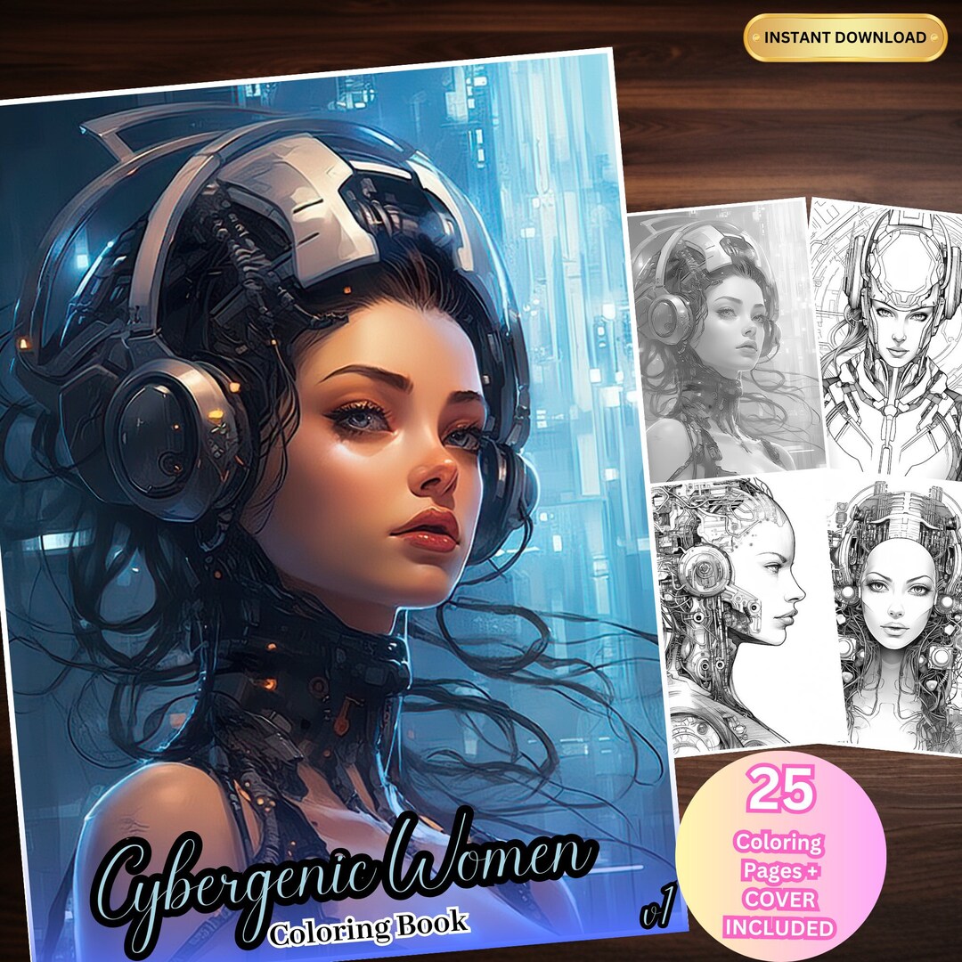 Cyber Women Coloring Book Scifi Instant Download Grayscale Coloring ...