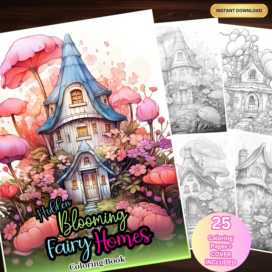 Fairy Homes Coloring Book Instant Download Grayscale Coloring Pages ...