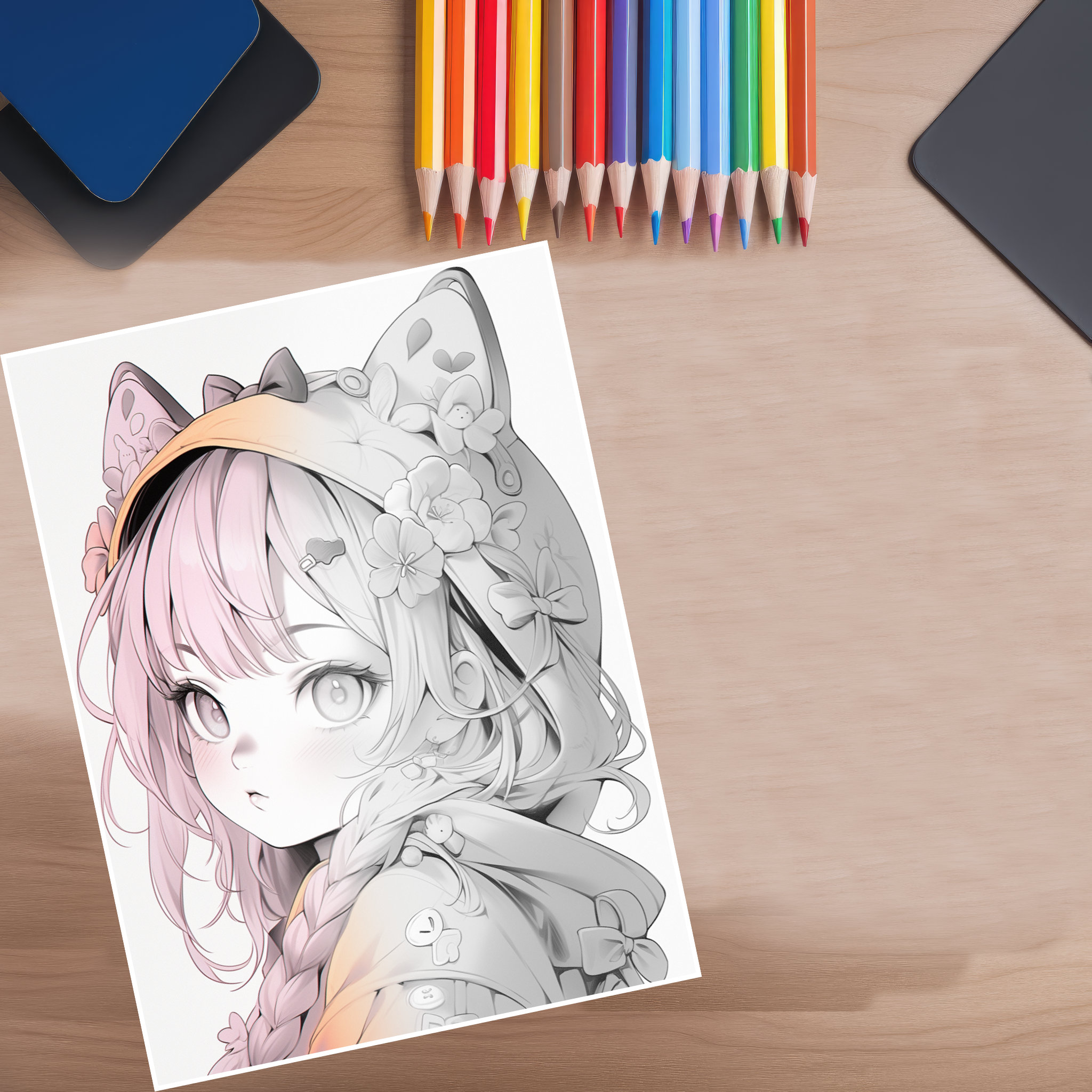 Cat Ears Cat Girls Coloring Book Printable PDF Grayscale Coloring Pages ...