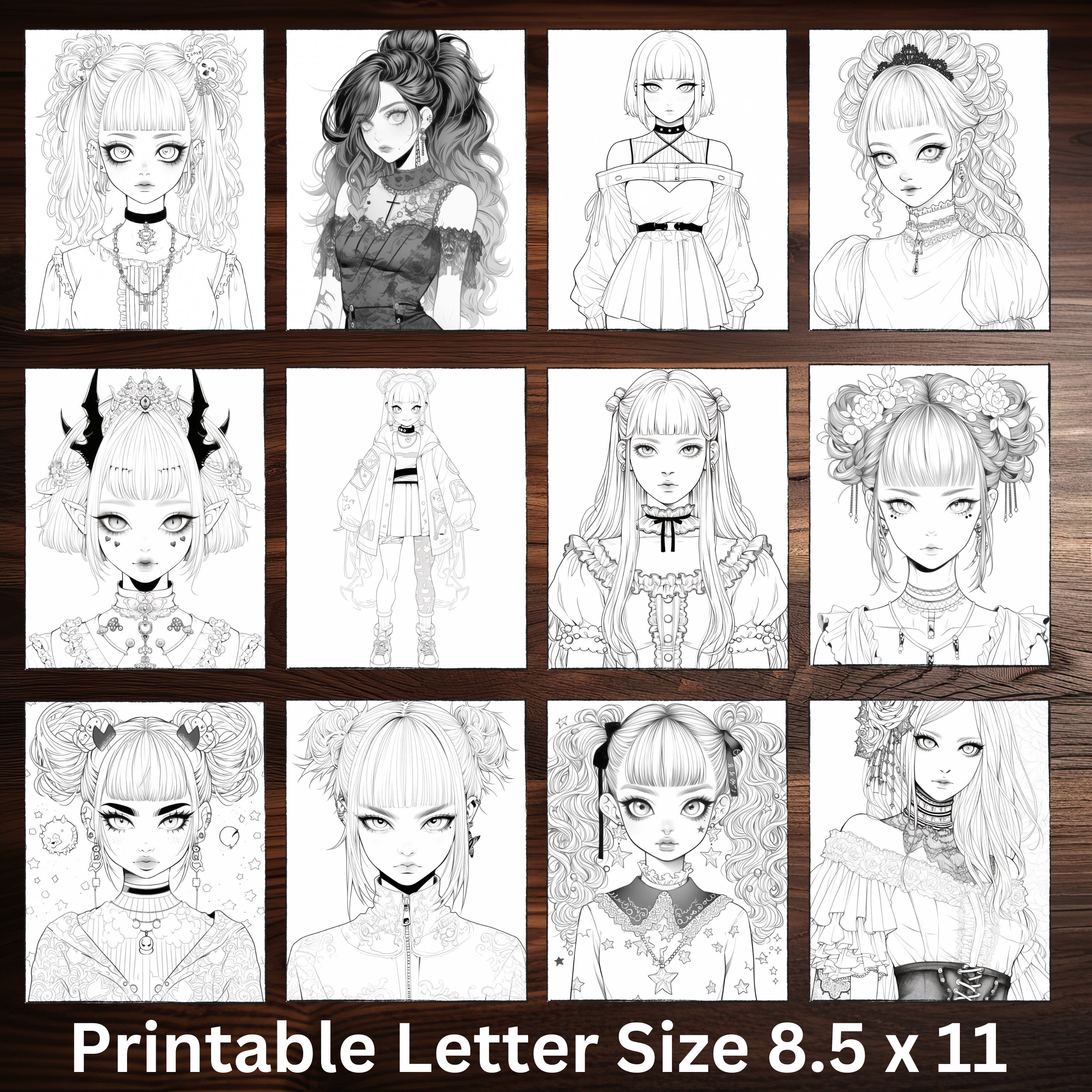 Halloween Coloring Book Goth Girls Instant Download Grayscale Coloring ...