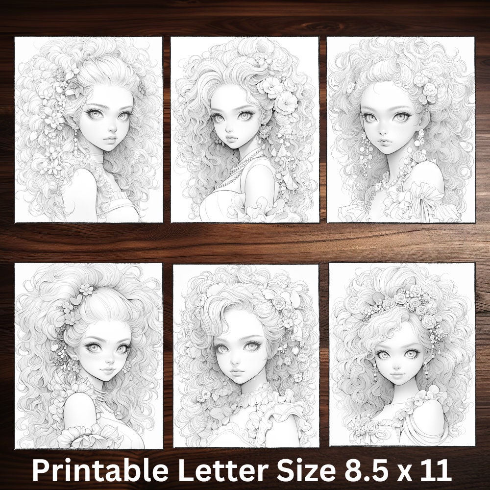 25 Pretty Faces and Curls Coloring Book V2 Instant Download Grayscale ...