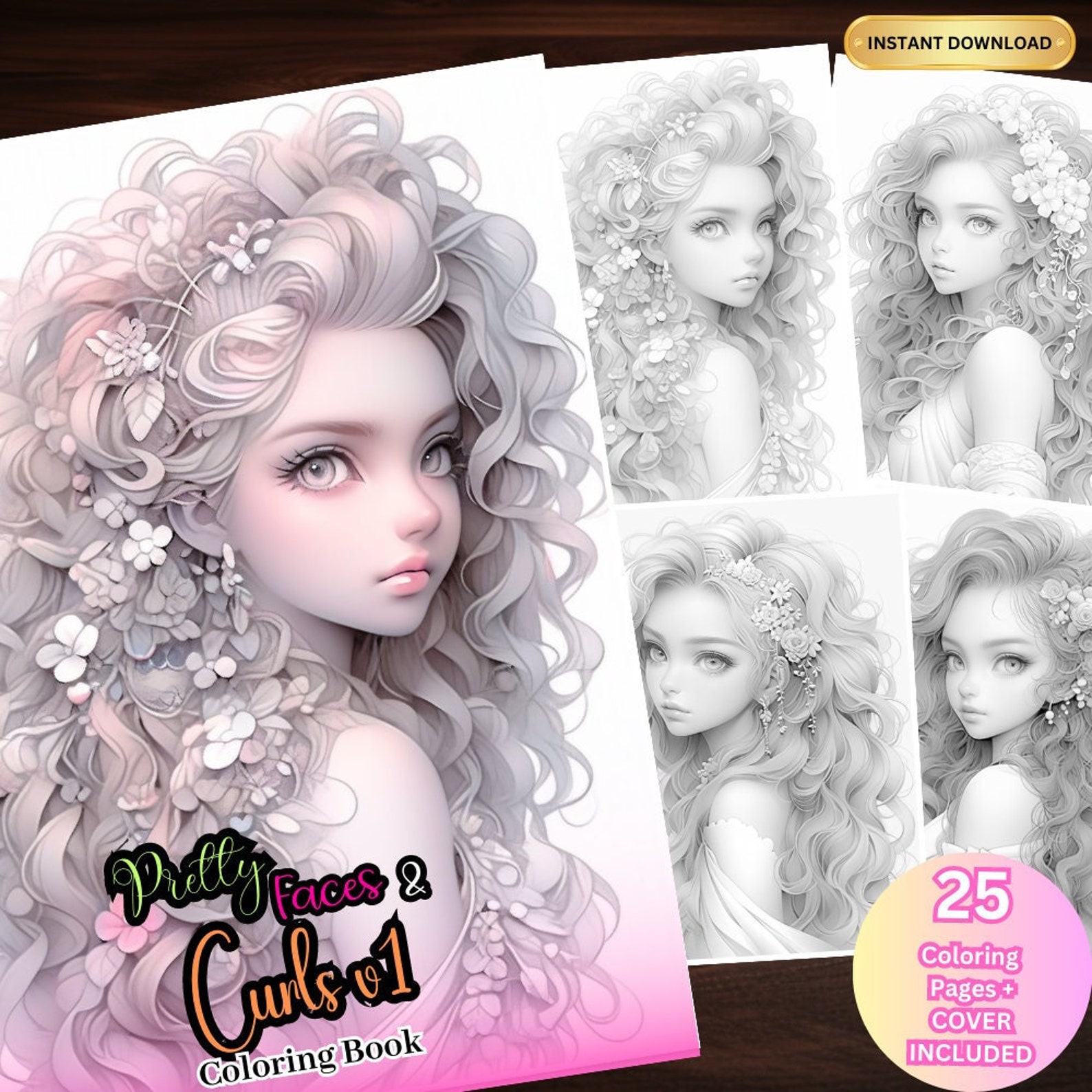 Pretty Faces and Curls Coloring Book V1 Instant Download Grayscale ...