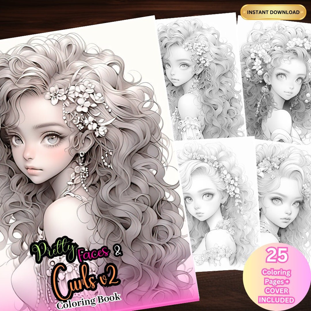 25 Pretty Faces and Curls Coloring Book V2 Instant Download Grayscale ...