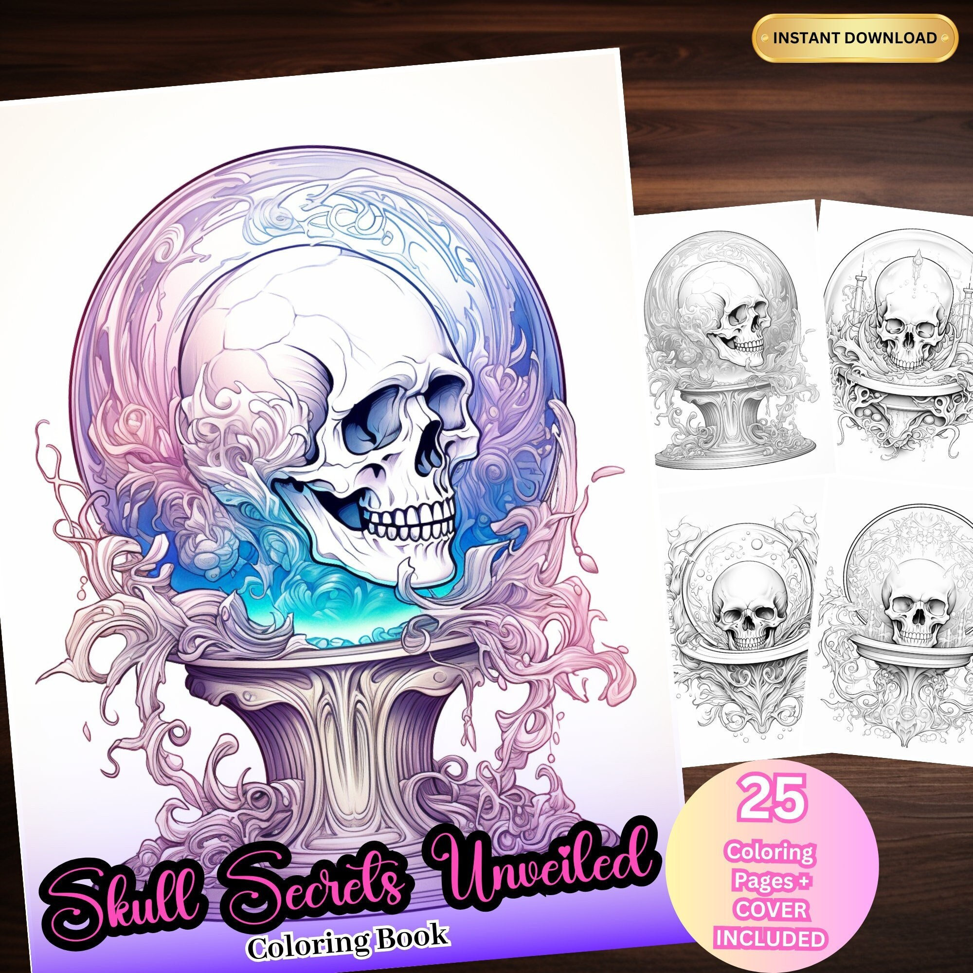 Skull Coloring Halloween Coloring Book Printable PDF Grayscale Pages ...
