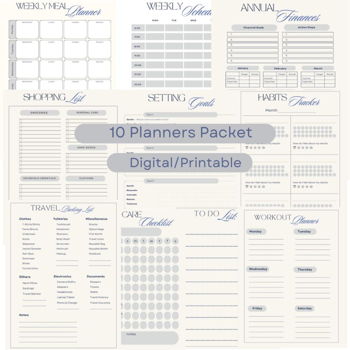 Light Blue/gray Variety Packet Planner, List, Checklist Simple Elegant ...