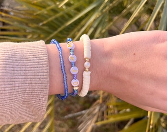 Heishi WWJD Bracelet Blue, Teal, and White Clay Bead Summer Preppy ...