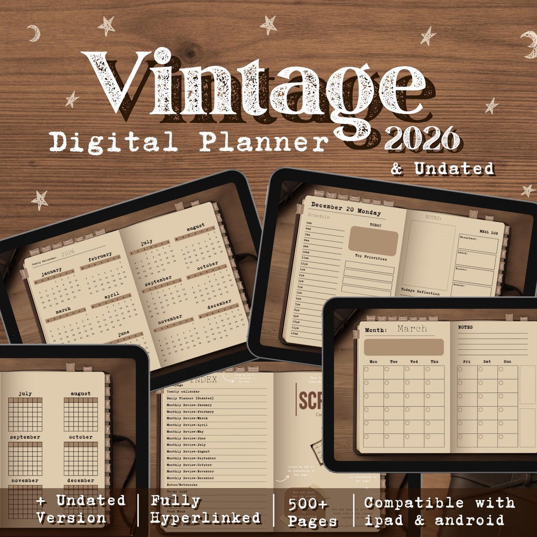 Vintage Digital Planner Bundle 2026 & Undated Monday Start Monthly ...