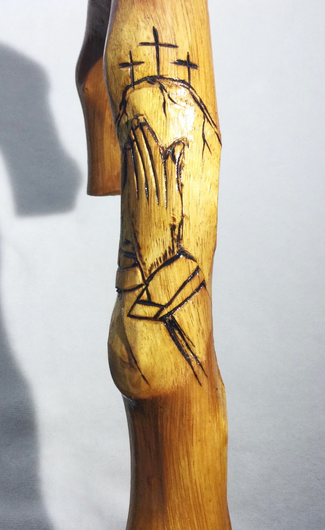 Vintage Hand Carved Wood Jesus Praying Hands Three Crosses Walking ...