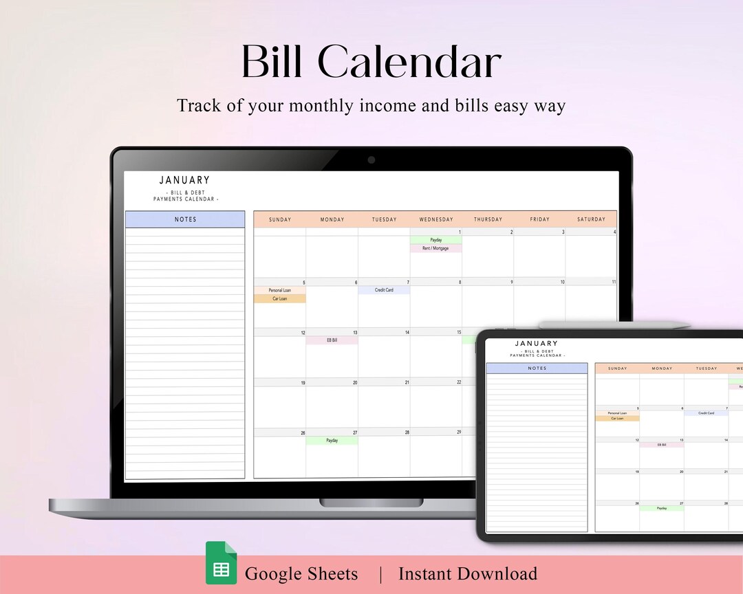 Bill Tracker Spreadsheet, Excel Google Sheets Bill Calendar, Monthly ...