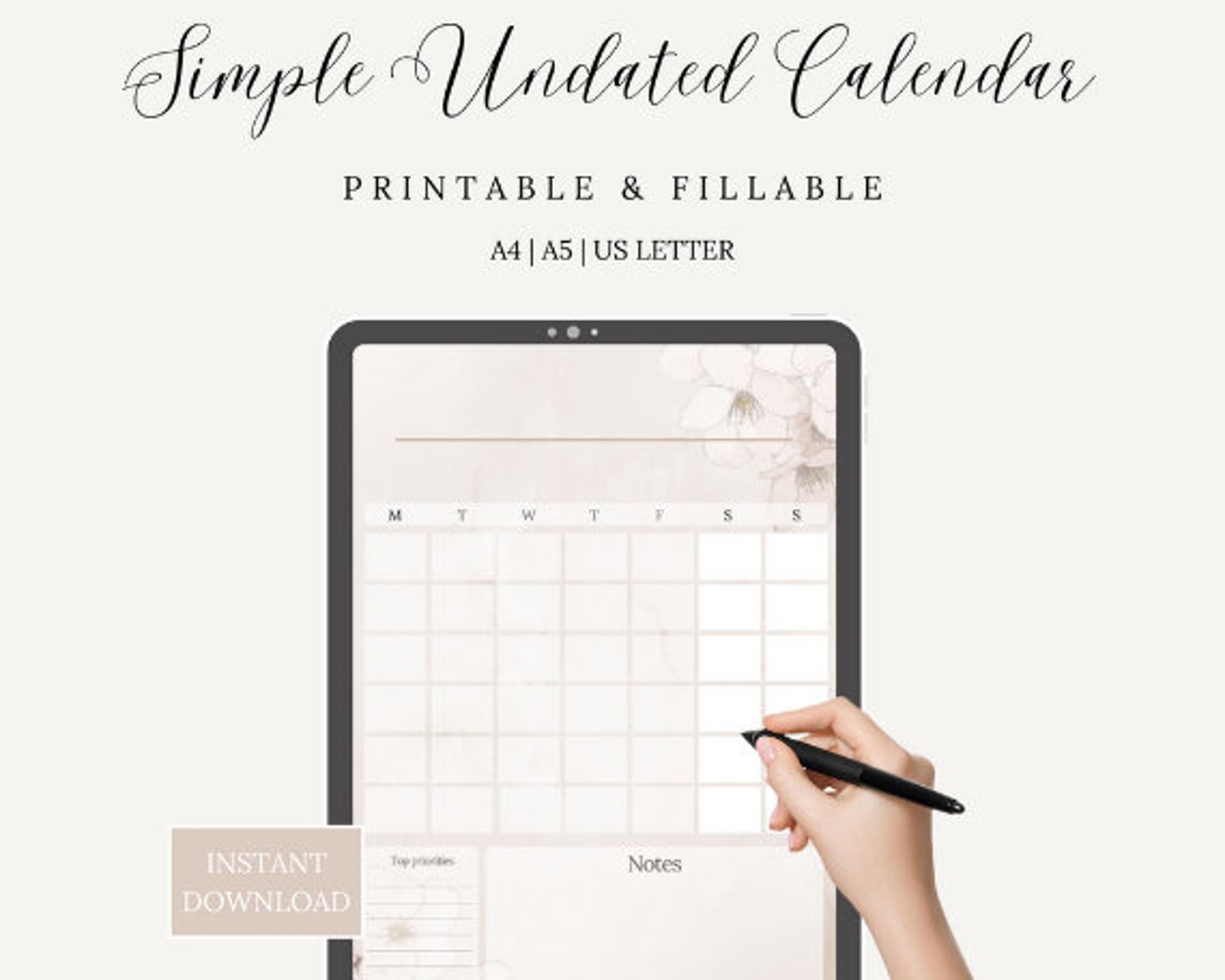 Undated Calendar Printable, Undated Calendar Fillable, Undated Calendar ...