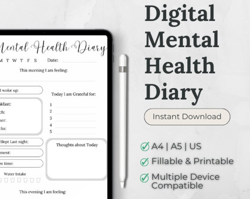 Digital Simple Mental Health Diary - Printable & Fillable - A4, A5, US ...