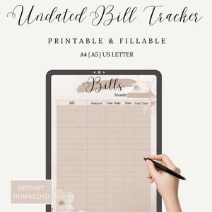 Simple Bill Tracker Printable, Undated Bill Tracker Fillable, Undated ...