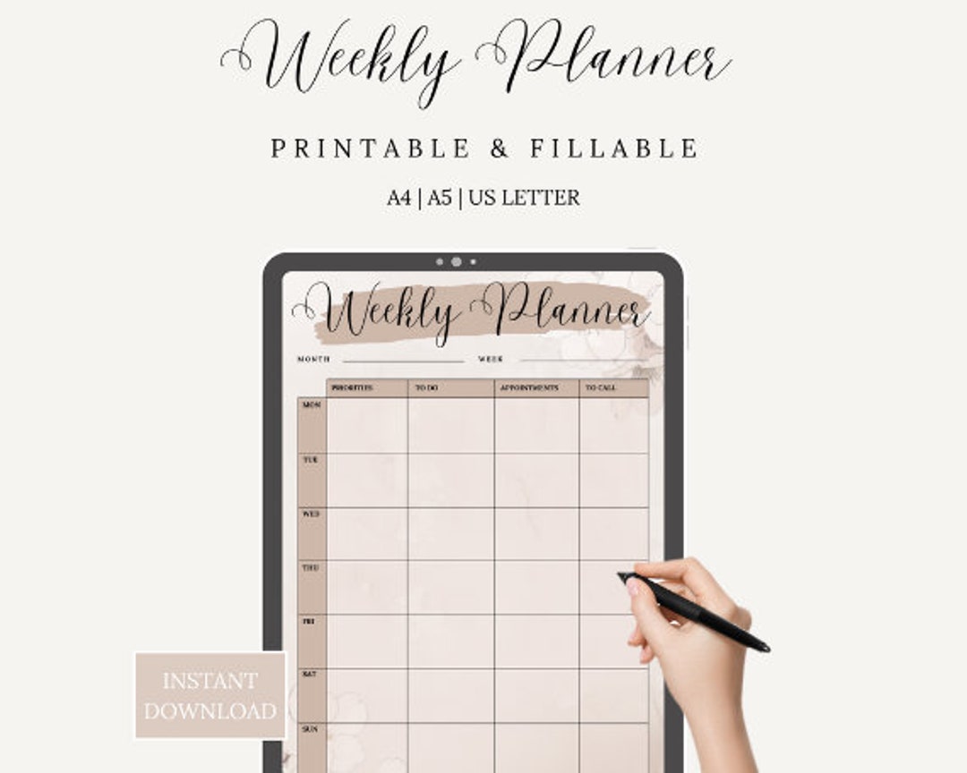 Digital Weekly Planner, Printable, Fillable, Weekly Agenda, Weekly ...