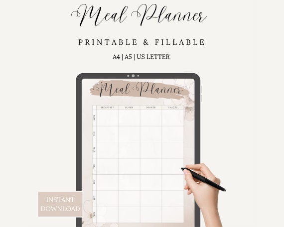 Weekly Meal Planner Printable, Fillable, Weekly Meal Planner Agenda ...