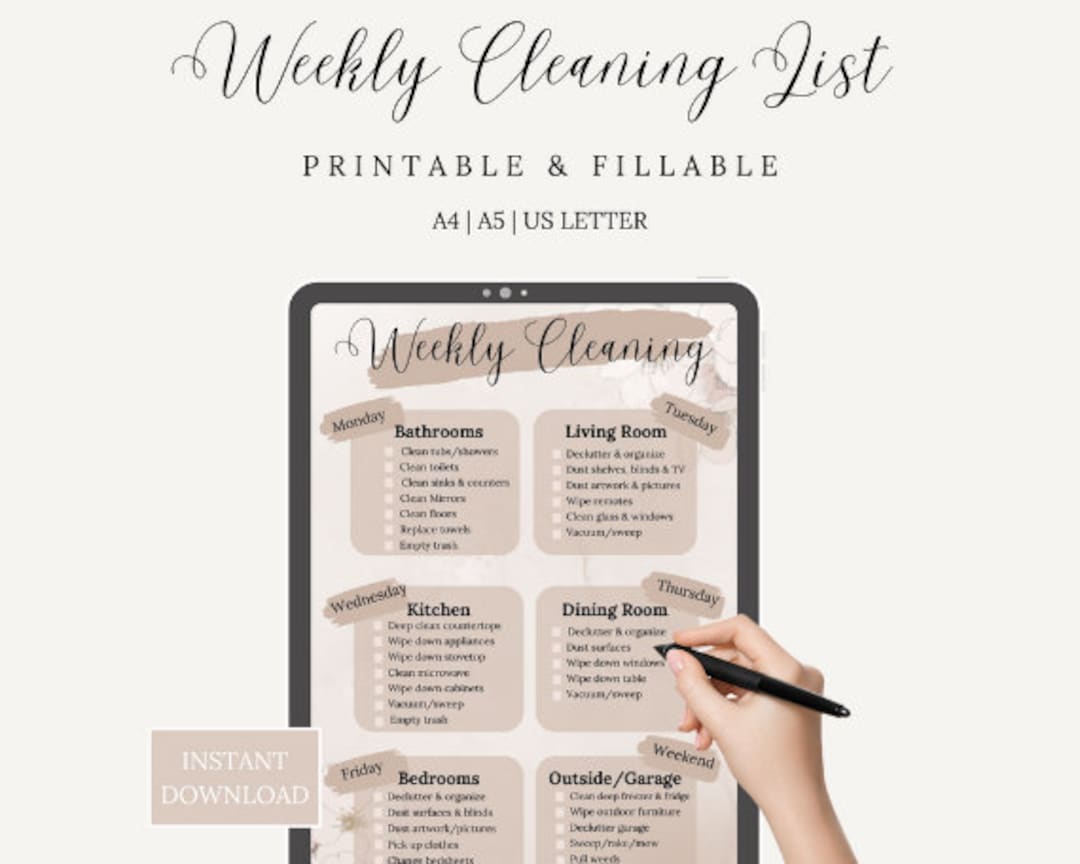 Weekly Cleaning List Printable, Cleaning List Fillable, Cleaning List ...