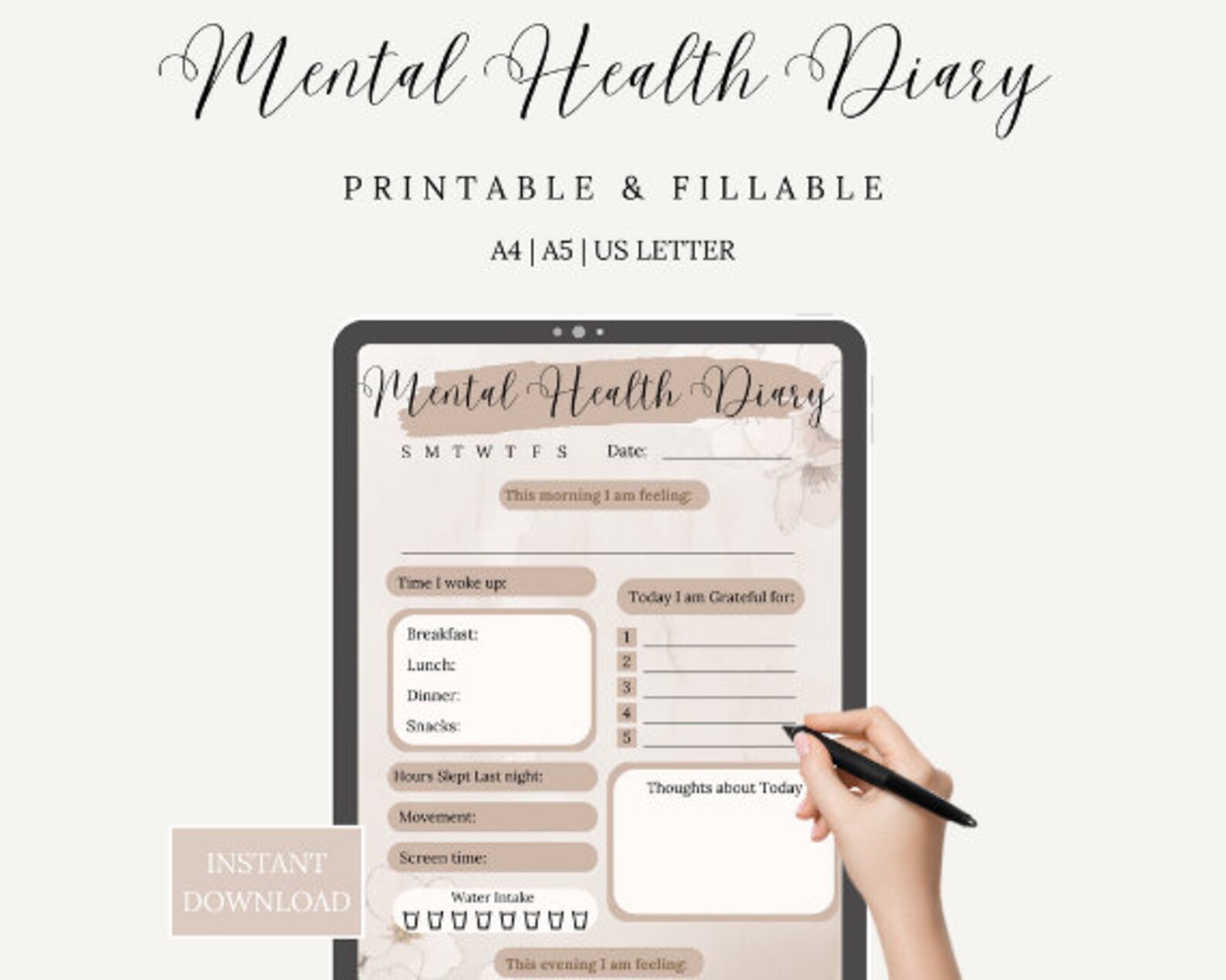 Daily Mental Health Diary Printable, Mental Health Diary Fillable ...