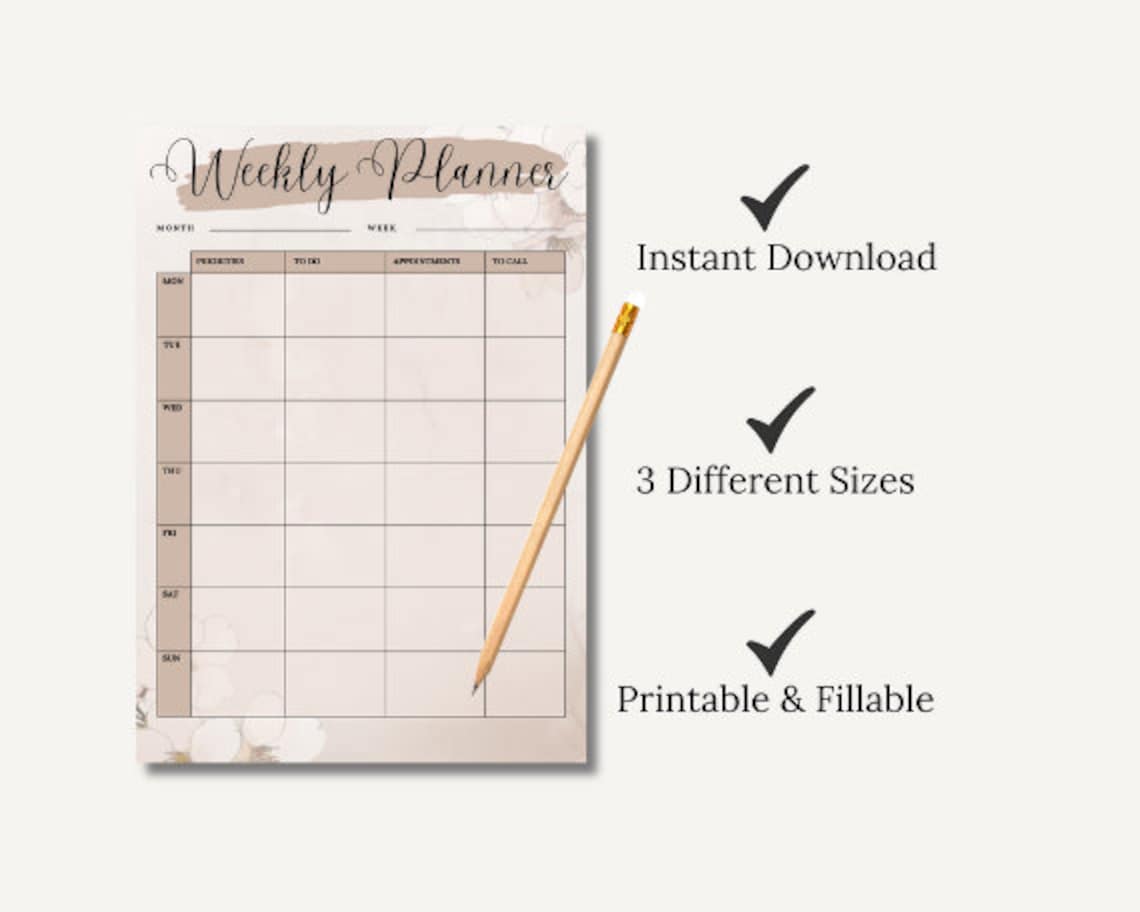 Digital Weekly Planner, Printable, Fillable, Weekly Agenda, Weekly ...