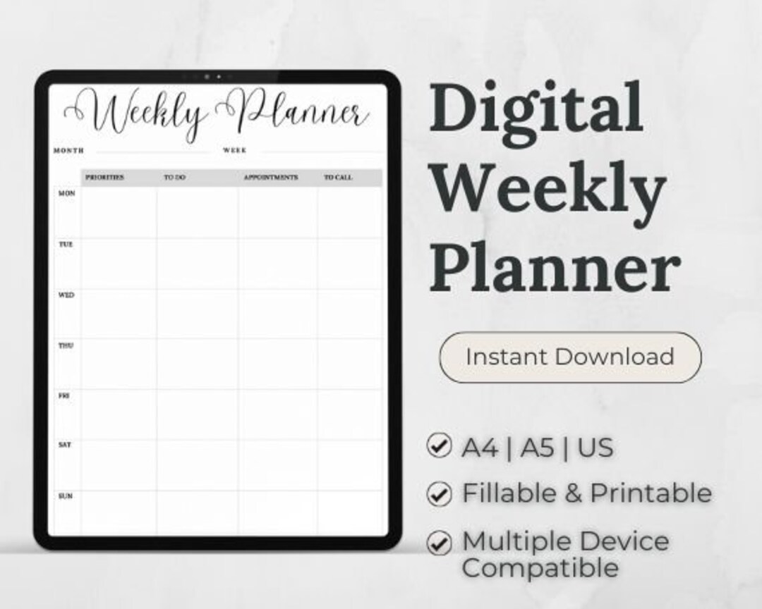 Digital Simple Weekly Planner - Printable & Fillable - A4, A5, US ...