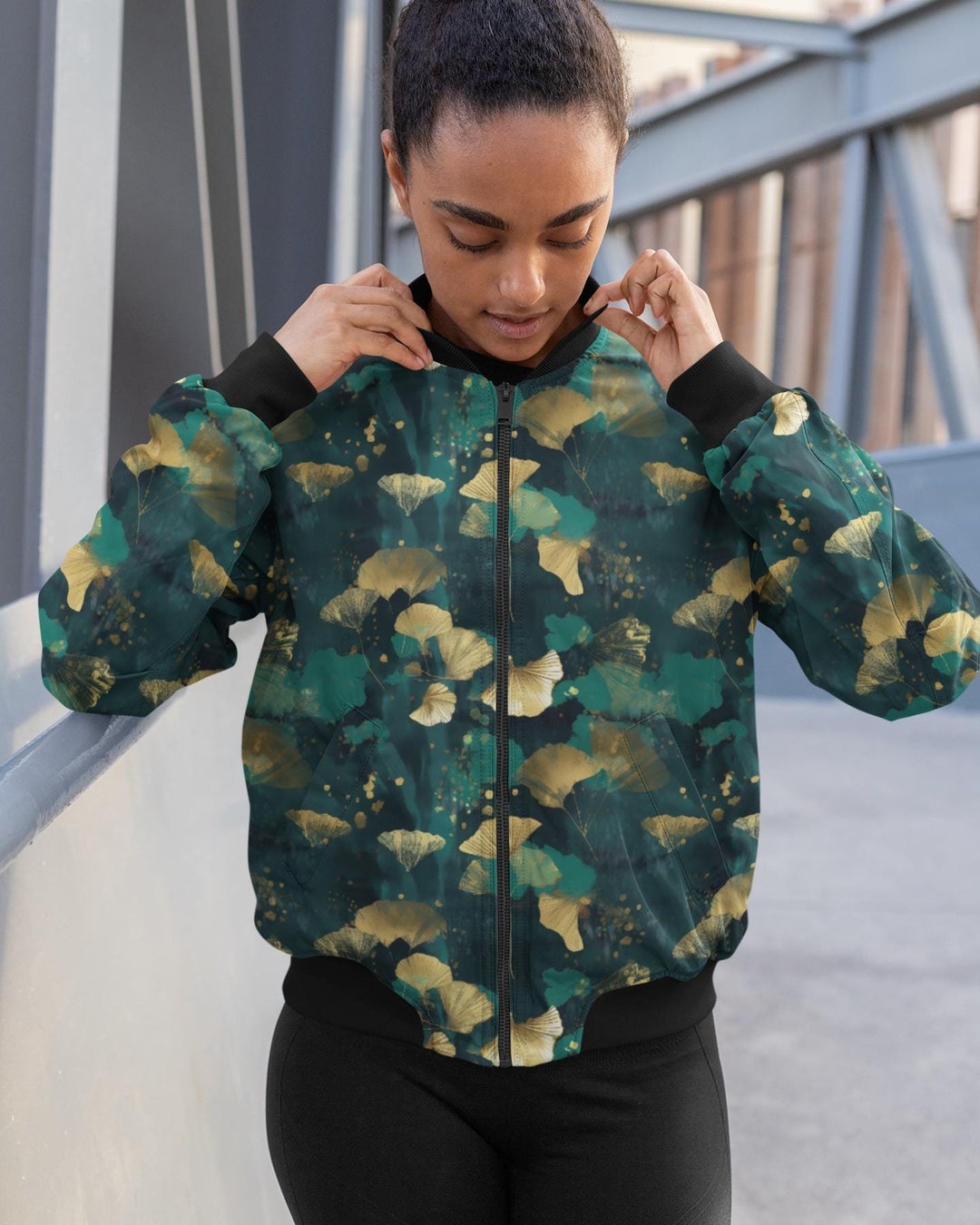 Emerald Green and Gold Ginko Leaf | Japanese Printed Women's Bomber Jacket - Etsy
