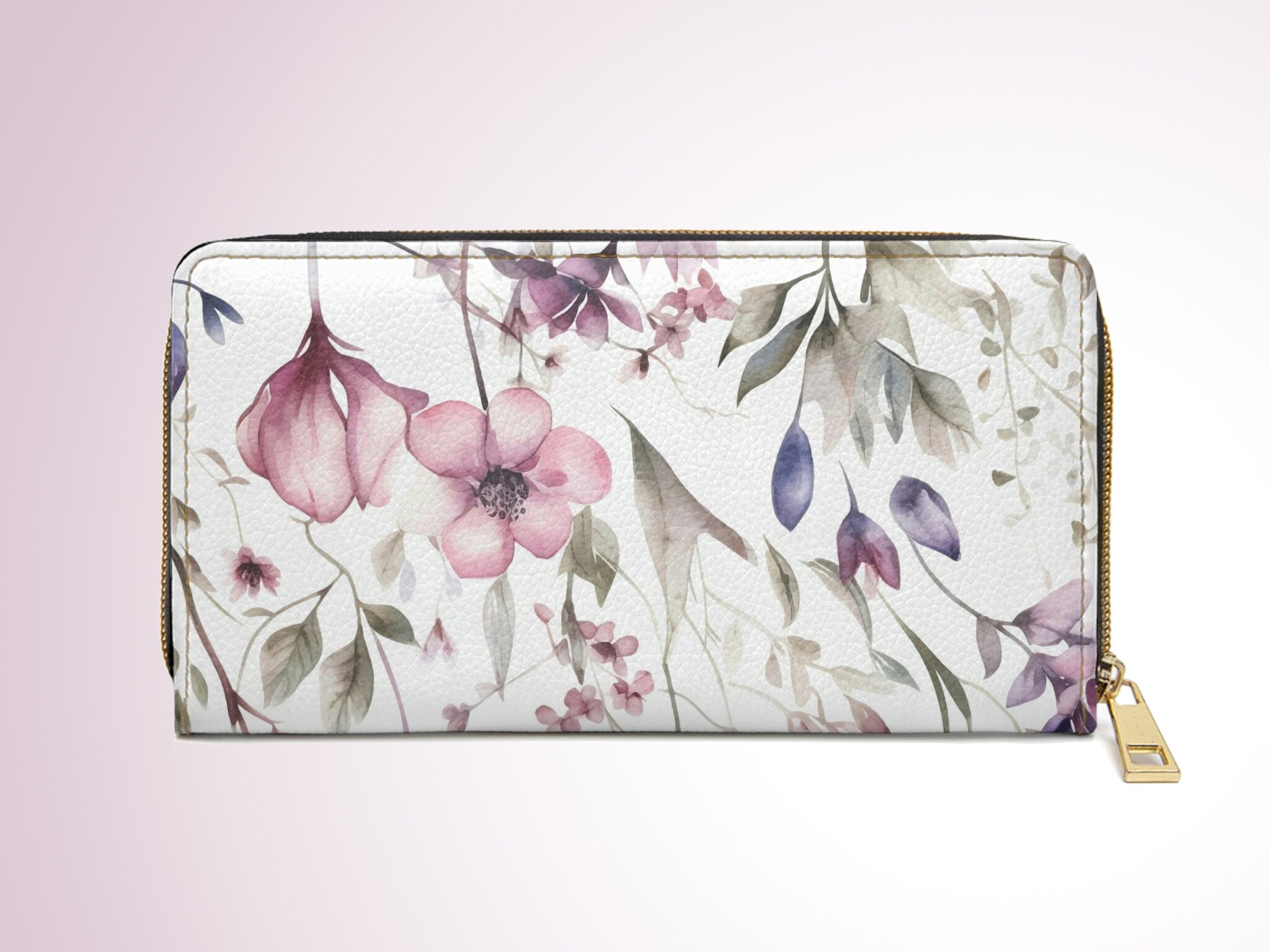 Pink and Lilac Watercolor Wildflowers Zipper Wallet Cruelty-free Faux ...