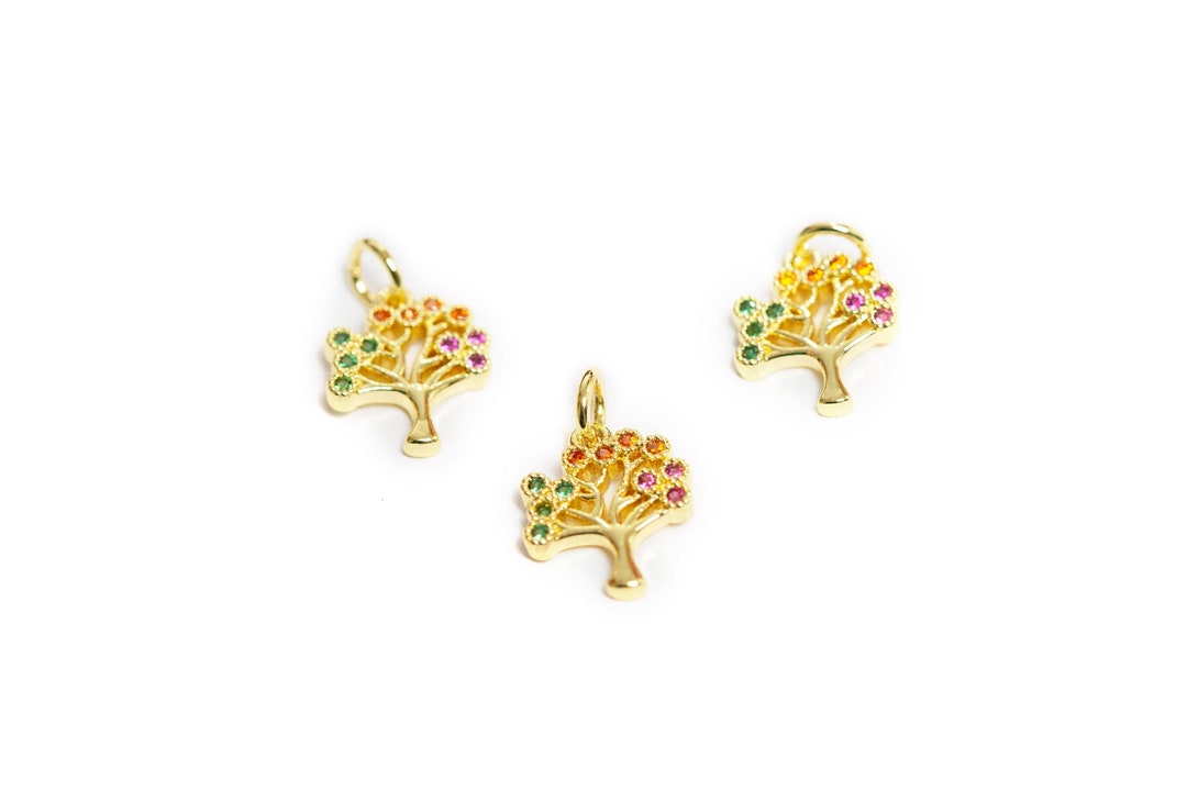 Gold Tree Charm, Family Tree Charm, Colorful Stones, Mini Tree Pendant ...