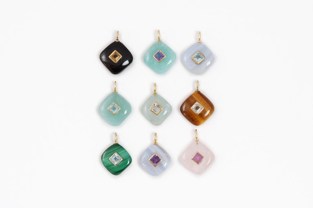 Rhombus Gemstone Pendant, Black Onyx, Rose Quartz, Blue Lace Agate ...