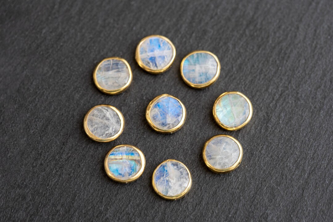 Rainbow Moonstone Coin Bead, Faceted Center Drilled Round Gemstone, 18k ...