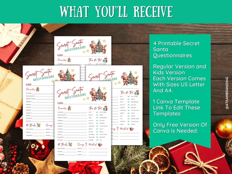 Secret Santa Questionnaire Printable, Holiday Gift Exchange Form ...