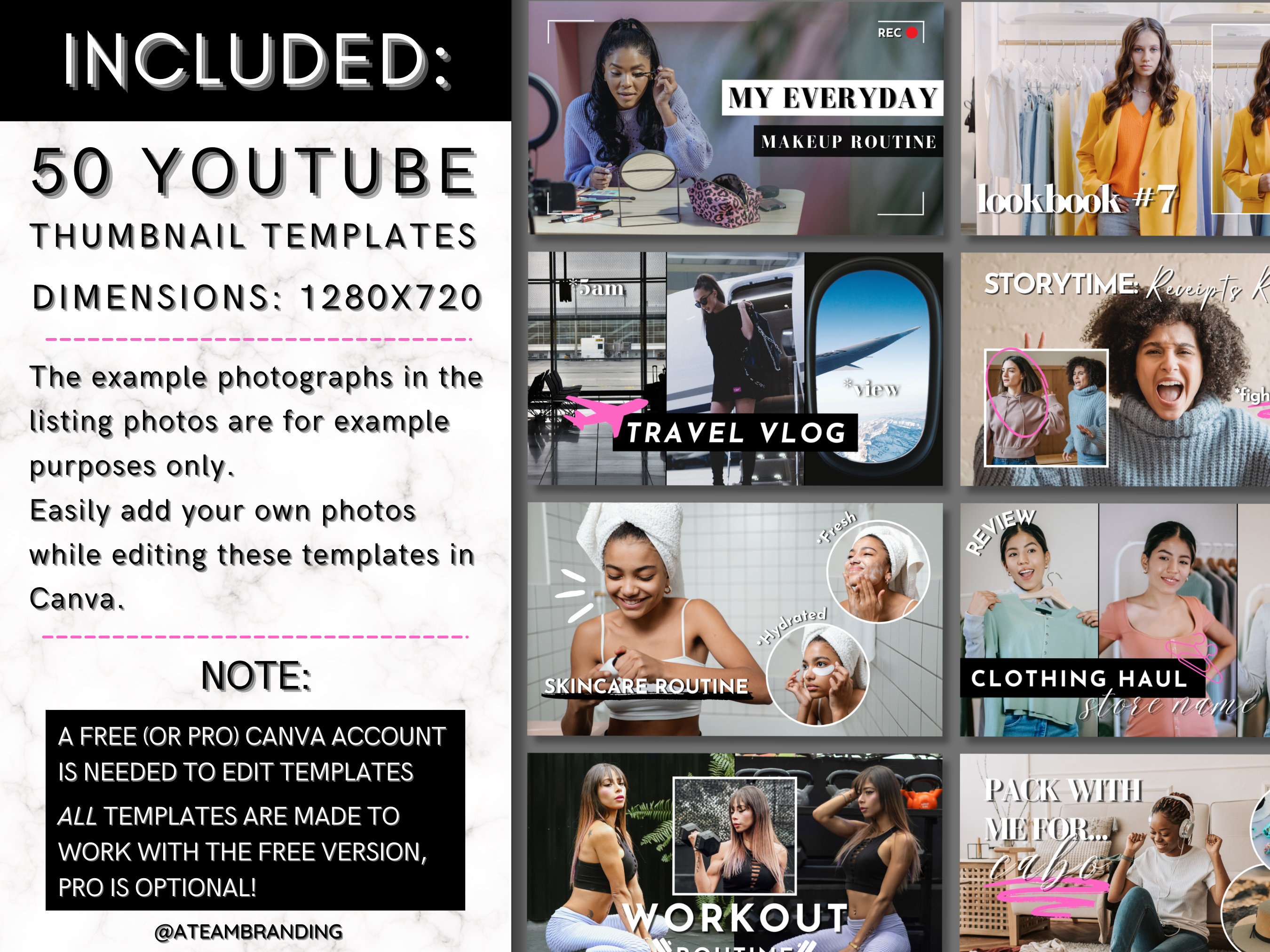 50 Youtube Thumbnail Templates for Influencers Kit, DIY Editable Canva ...