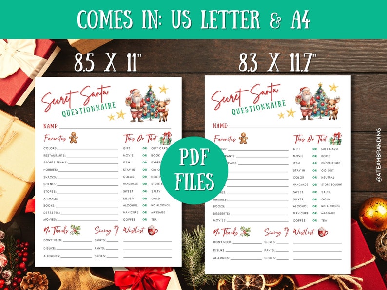 Secret Santa Questionnaire Printable, Holiday Gift Exchange Form ...