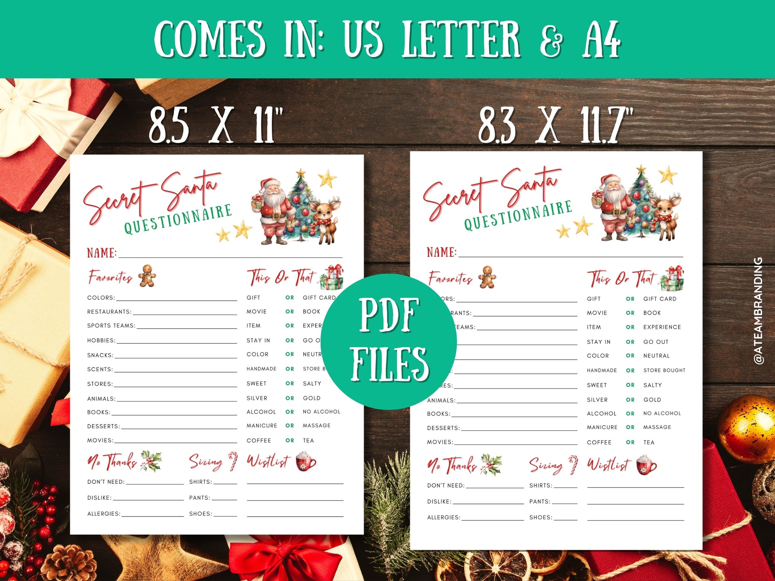 Secret Santa Questionnaire Printable, Holiday Gift Exchange Form ...