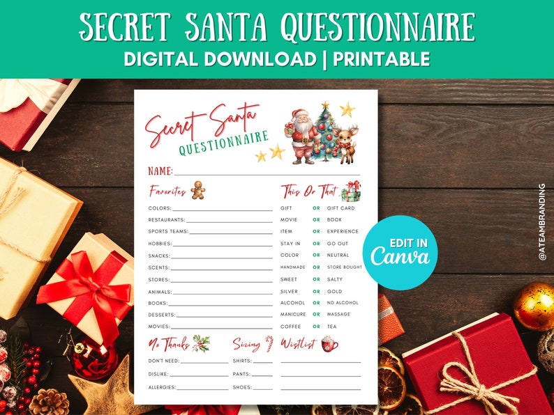 Secret Santa Questionnaire Printable, Holiday Gift Exchange Form ...