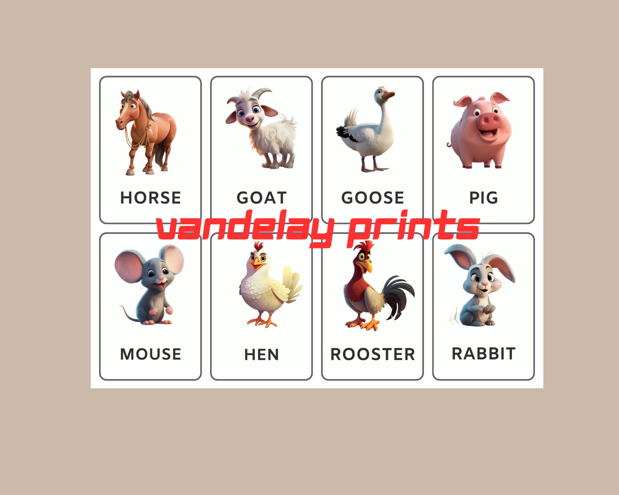 20 Farm Animal Flash Cards, Cartoon Farm Animal Flash Cards, Montessori ...