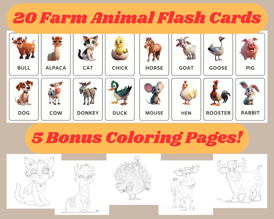 20 Farm Animal Flash Cards, Cartoon Farm Animal Flash Cards, Montessori ...