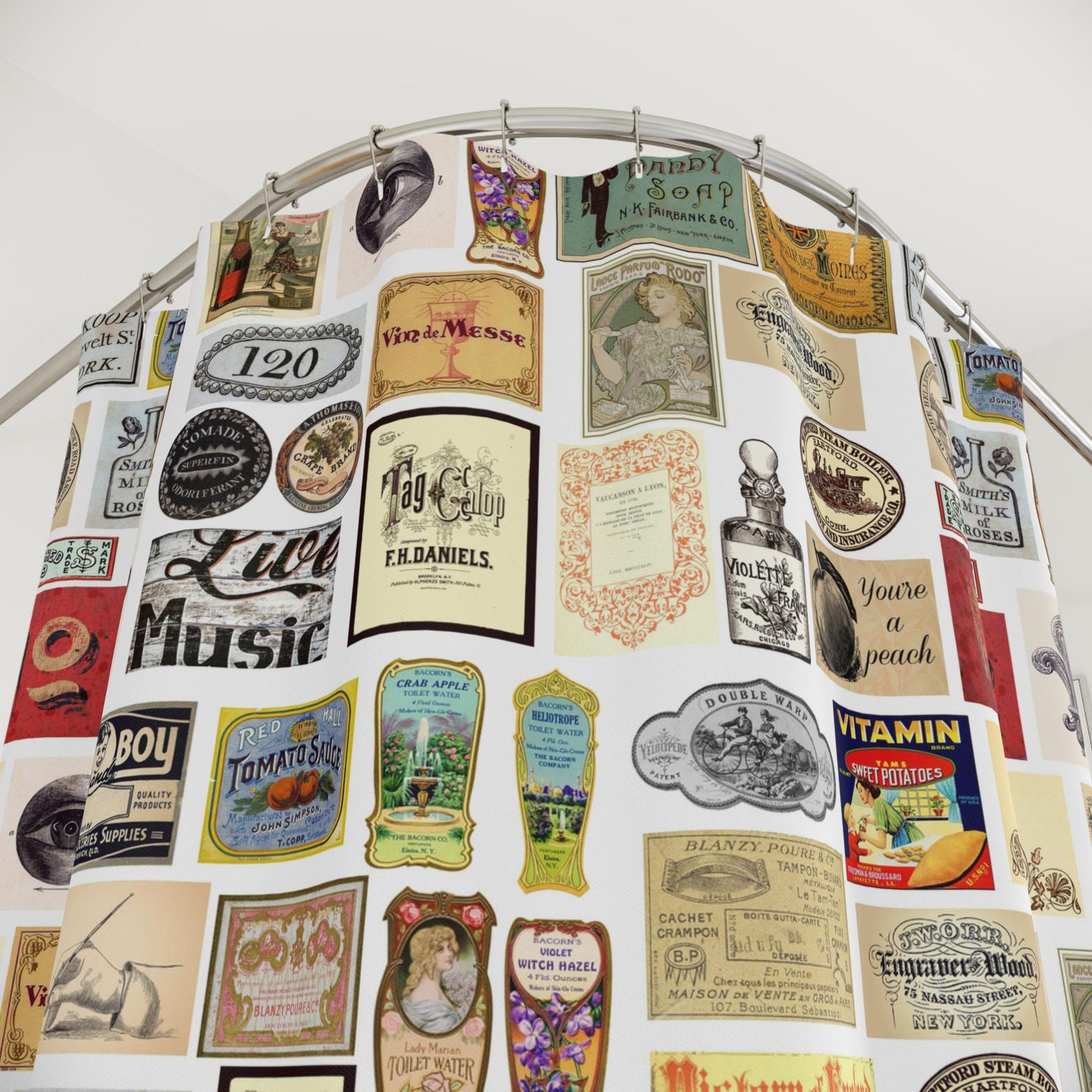 Vintage Label Shower Curtain, Label Collage, Nostalgic Bathroom Decor ...